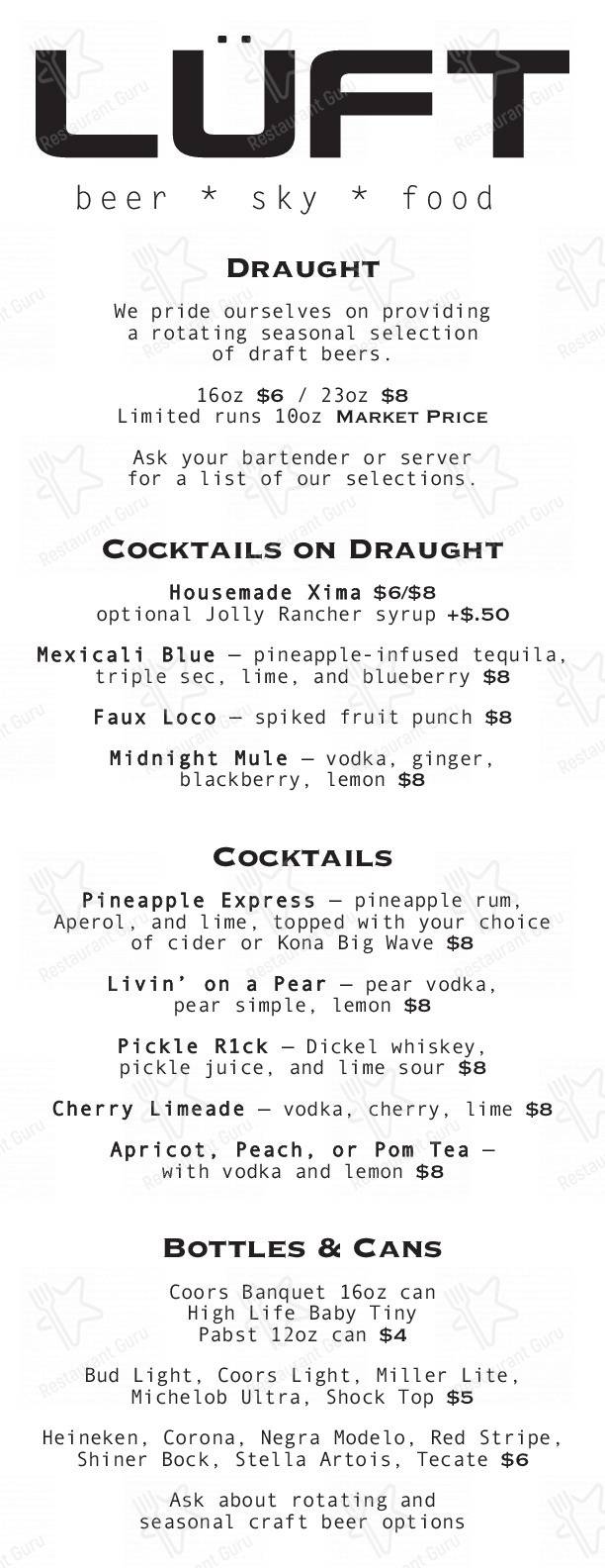Menu at LÜFT Rooftop Bar, Bismarck
