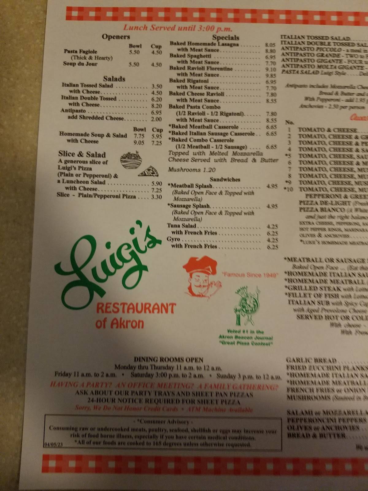 Menu at Luigi's Restaurant, Akron