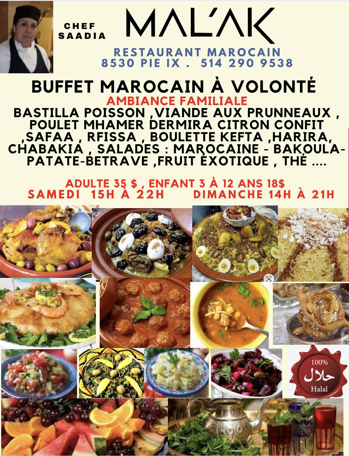 Menu au MALAK Restaurant marocain, Montréal