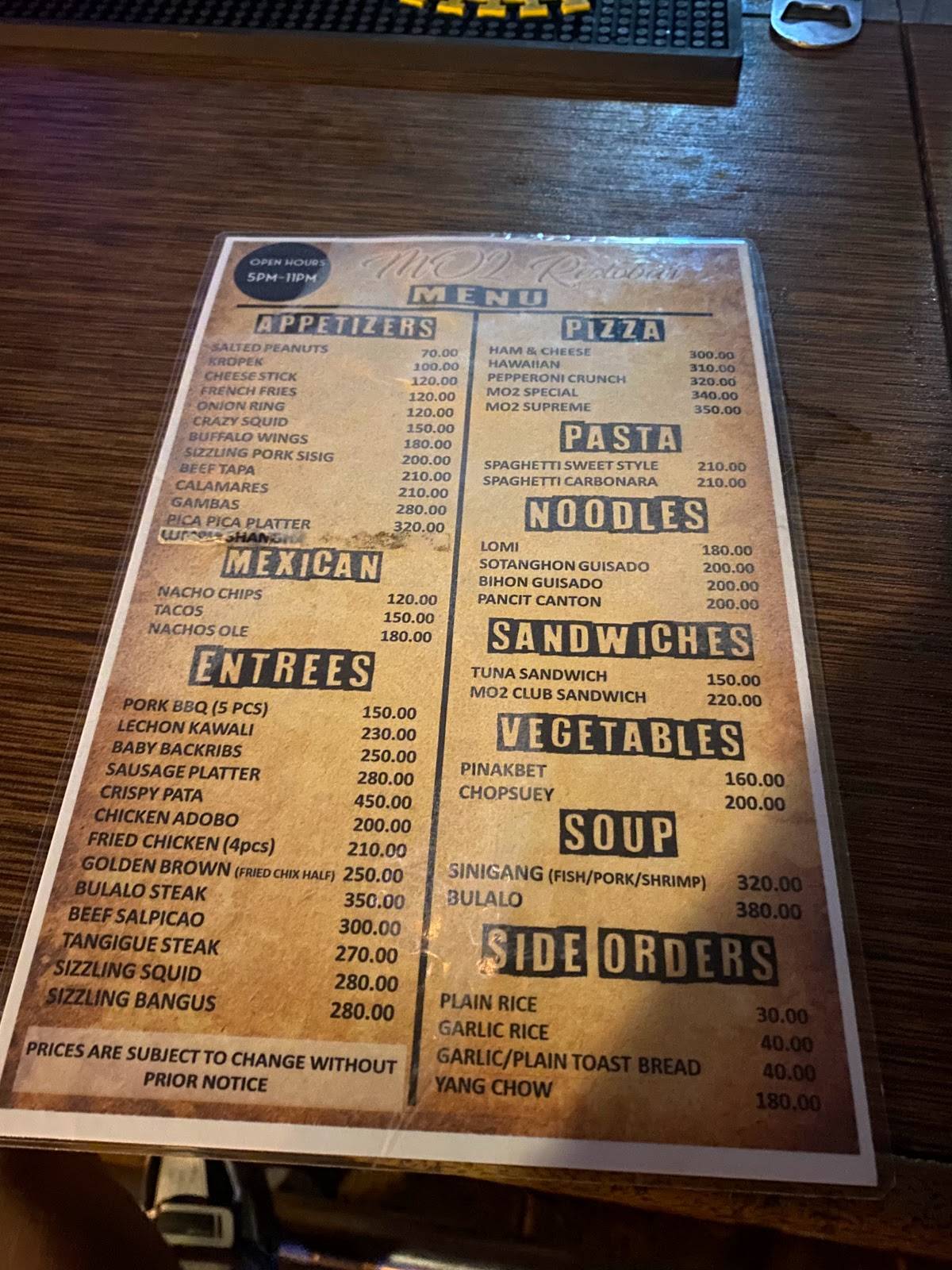 Menu at MO2 Restobar Cebu, Mandaue City, Cebu N Rd