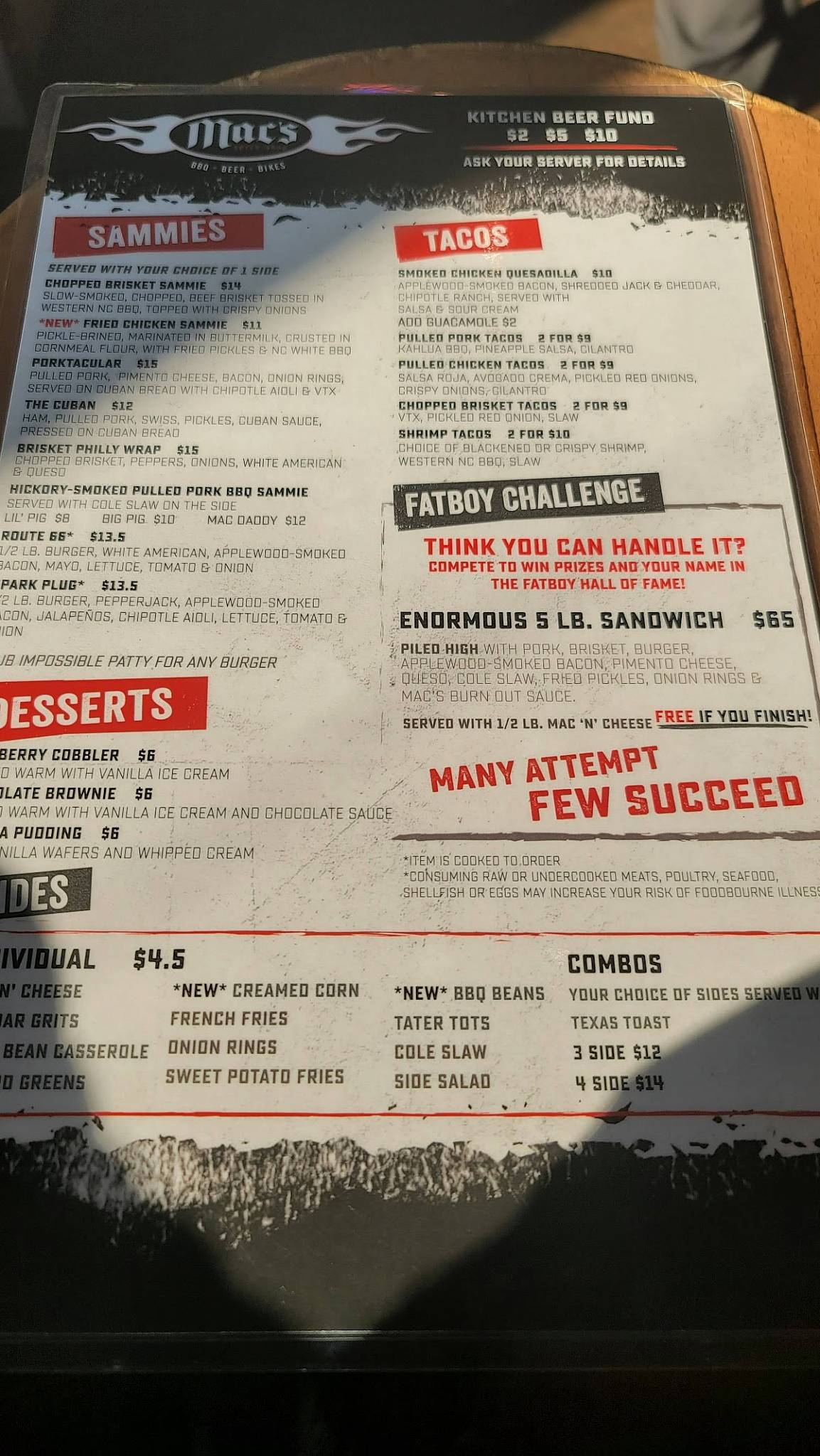 Menu at Mac's Speed Shop pub & bar, Charlotte, South Blvd