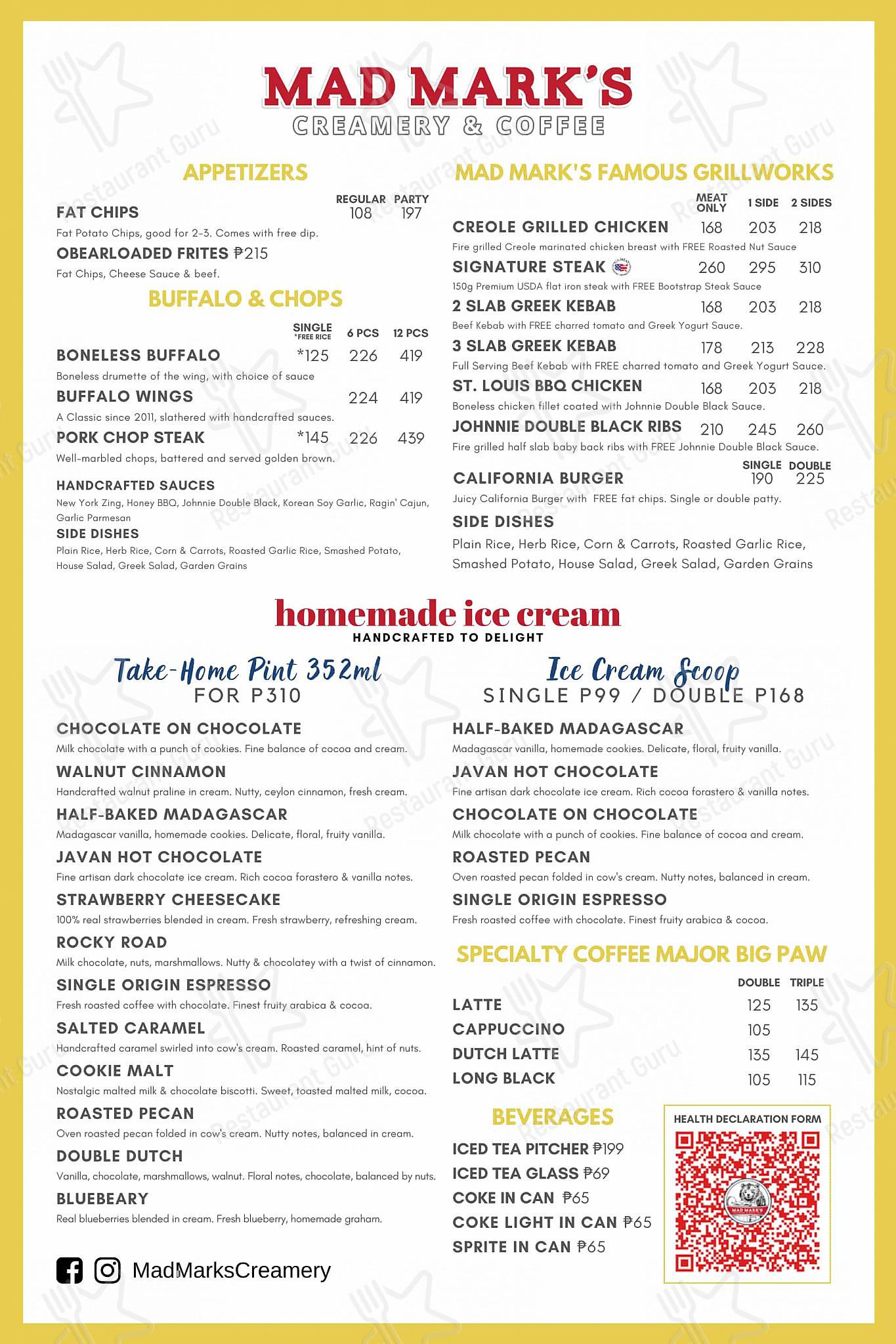 Menu at Mad mark's Creamery restaurant, Taguig