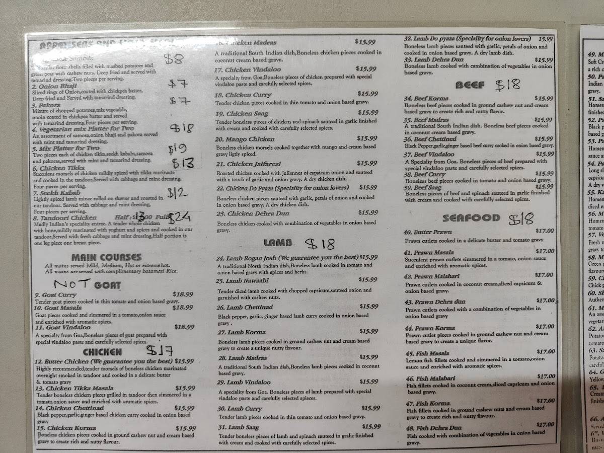 Menu at Madly Indian Mangawhai restaurant, Mangawhai