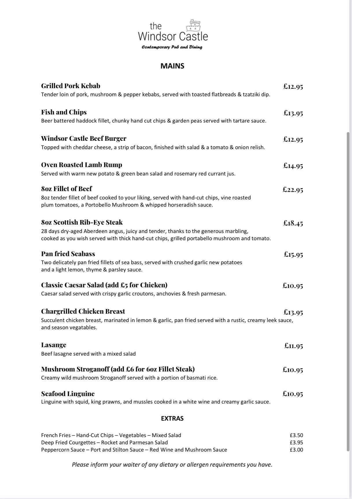 Menu at The Windsor Castle Maidenhead pub & bar, Maidenhead