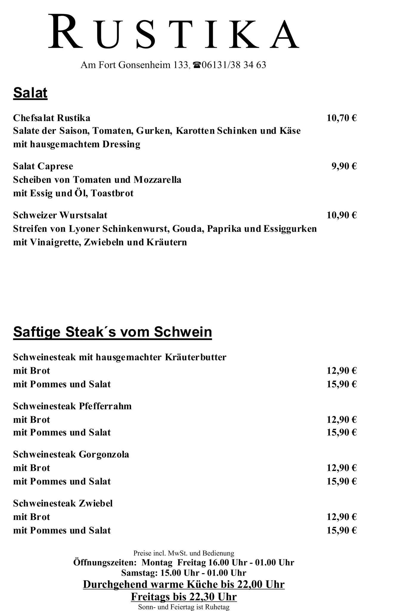 Speisekarte von Rustika restaurant, Mainz, Am Fort Gonsenheim 133