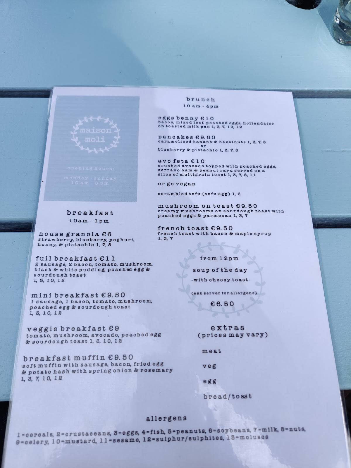 Menu at Maison Moli restaurant, Bray