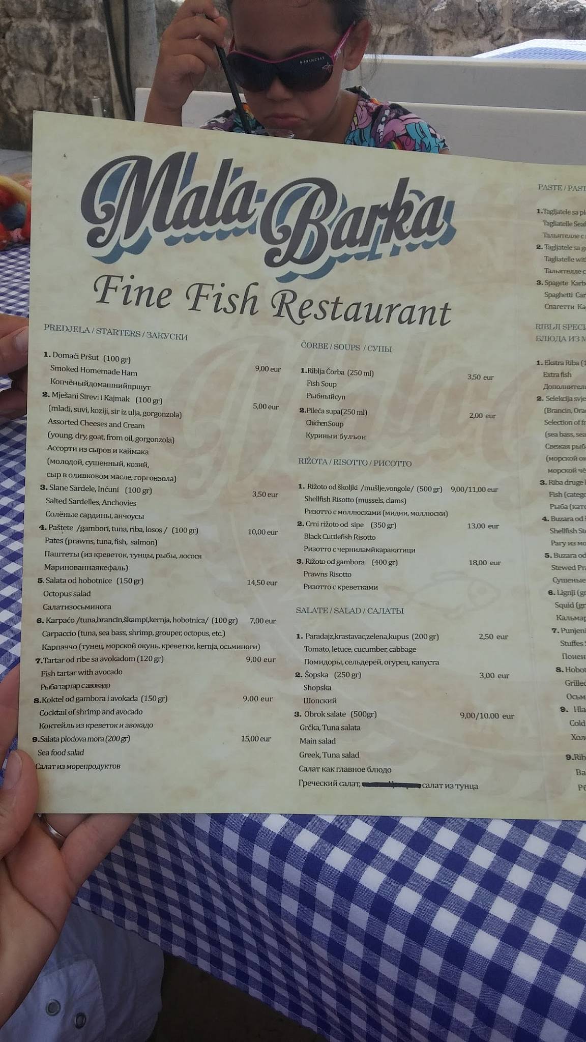 Menu at Mala Barka, Tivat