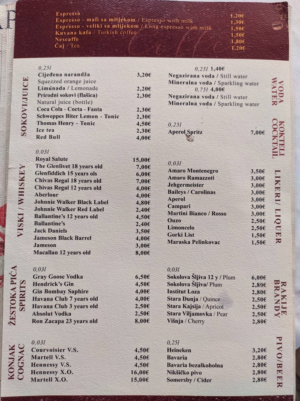 Menu at Mala Barka, Tivat