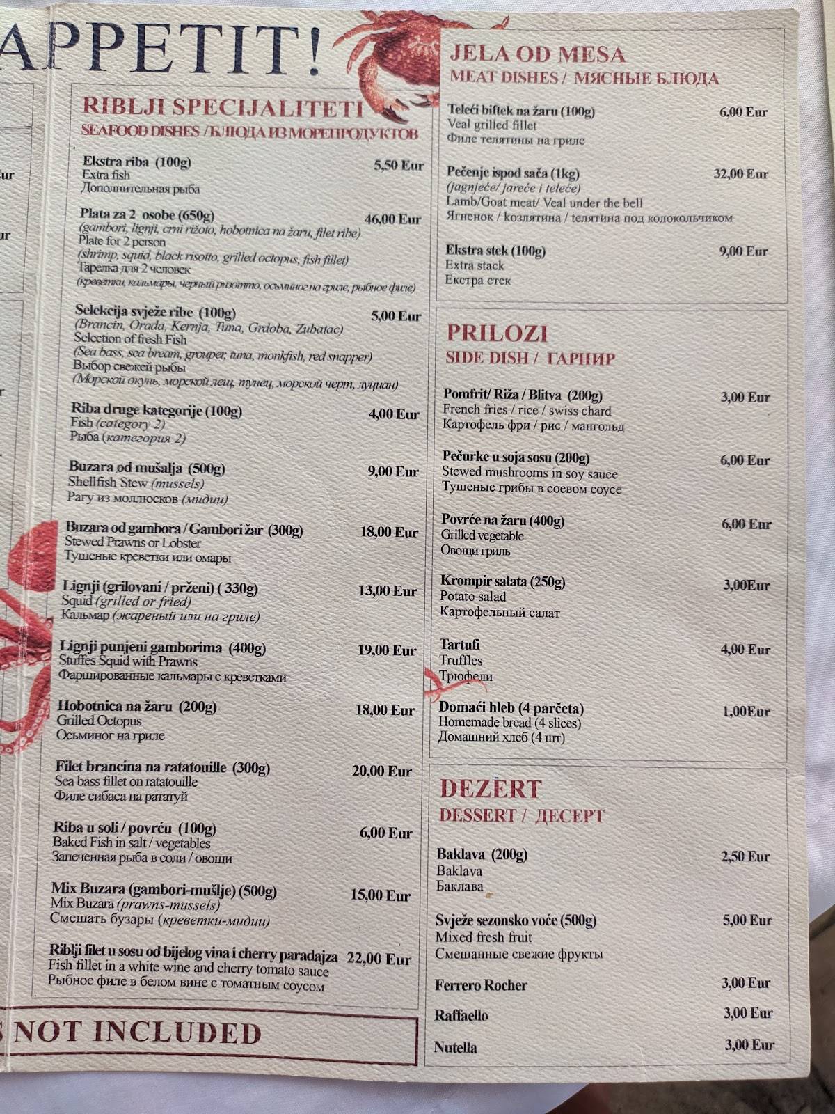 Menu at Mala Barka, Tivat