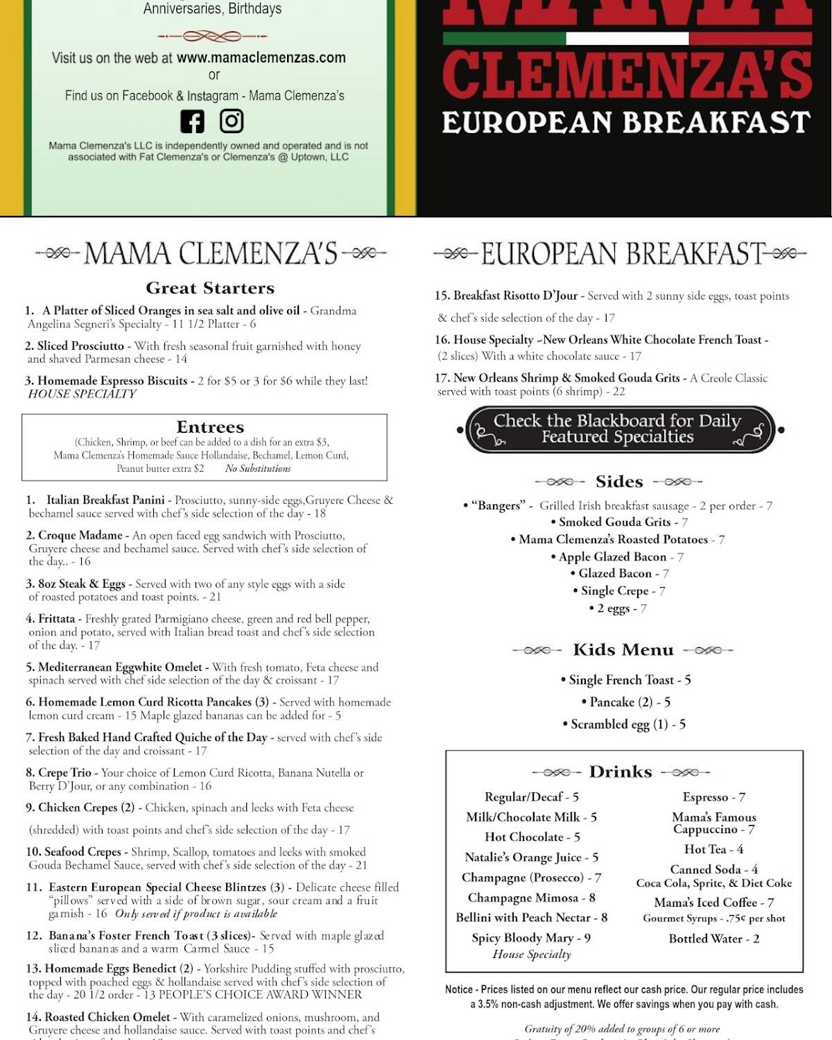 Menu at Mama Clemenza’s European Breakfast restaurant, Miramar Beach, US-98