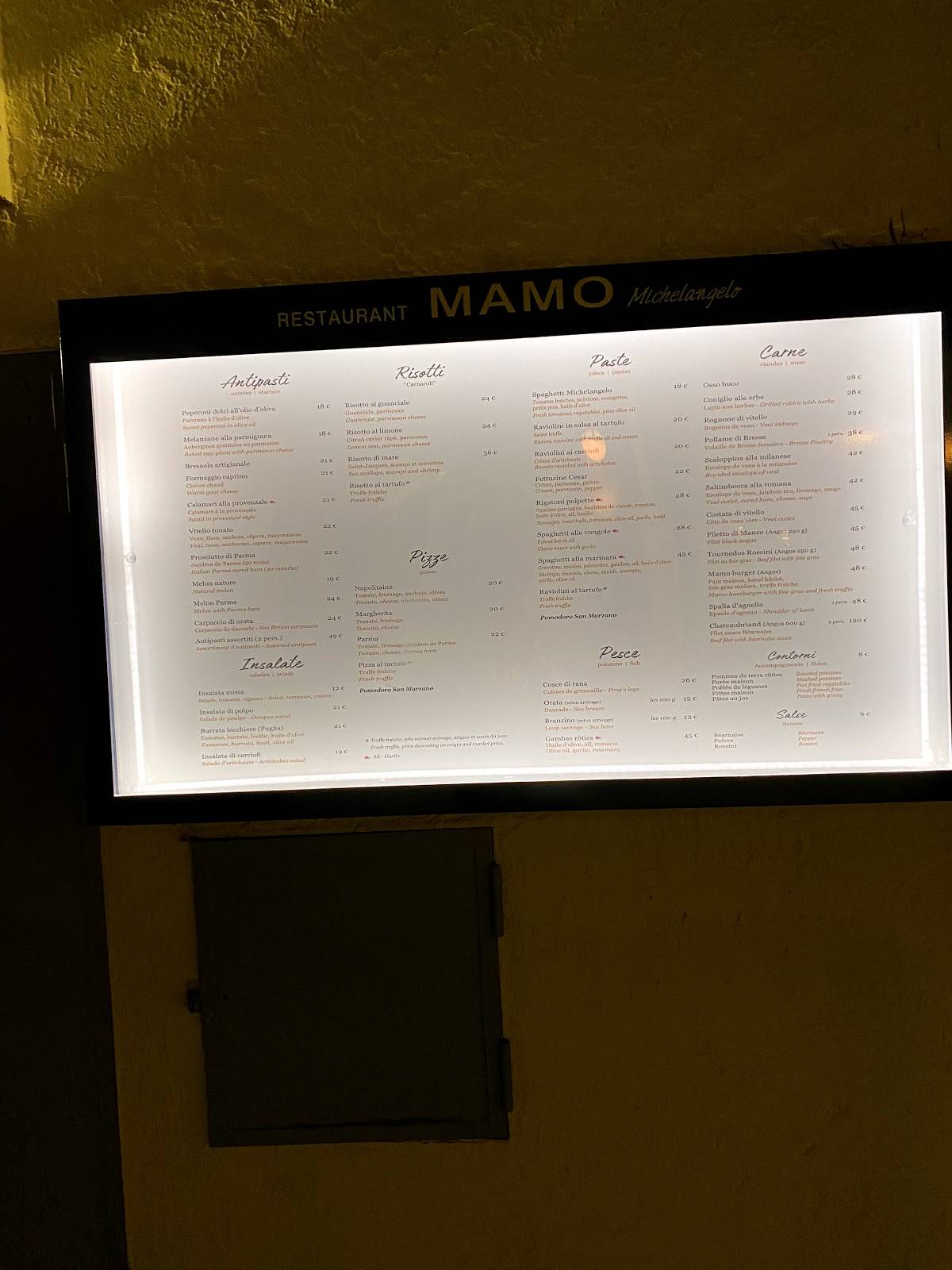 Menu at Mamo Michelangelo pizzeria, Antibes