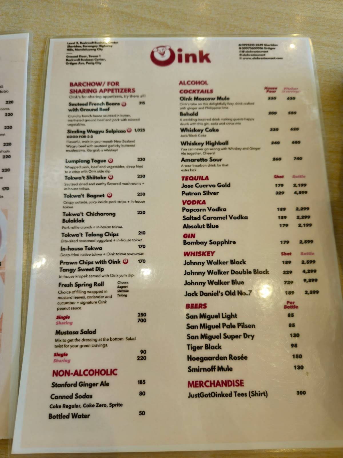 Menu at Oink at Rockwell Sheridan restaurant, Mandaluyong
