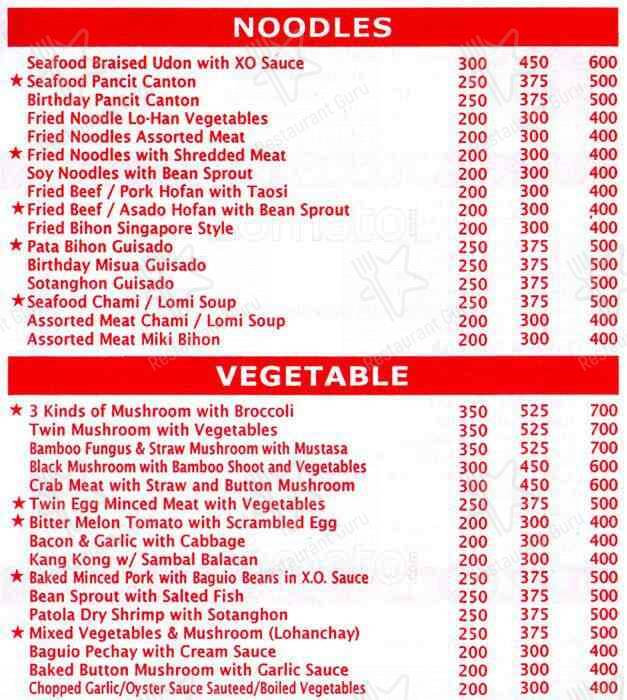 Menu at Mandarin Palace restaurant, Parañaque