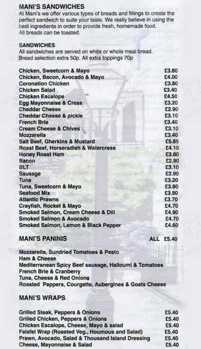 Menu at Mani's cafe, London, 12 Perrin's Ct