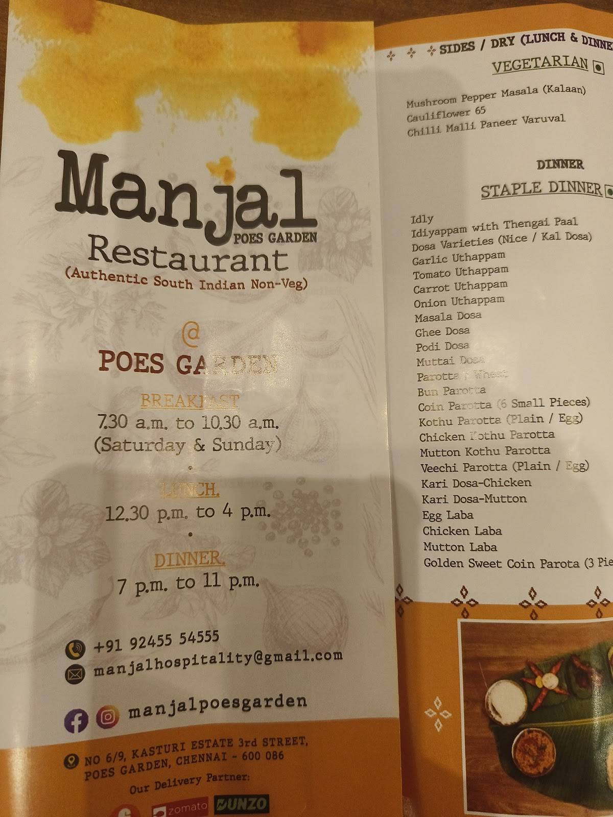 Menu at Manjal, Chennai, 6/9