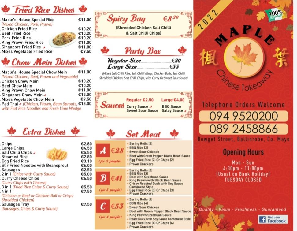 Menu at Maple Chinese Restaurant, Ballinrobe