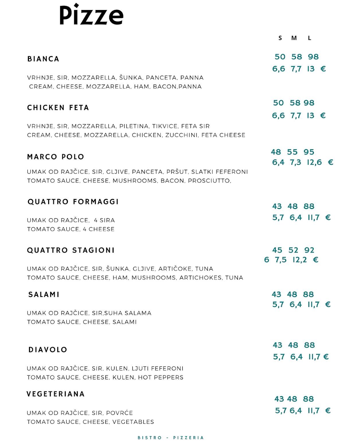 Menu at Marco Polo restaurant, Pula, Ul. Marka Marulića 43