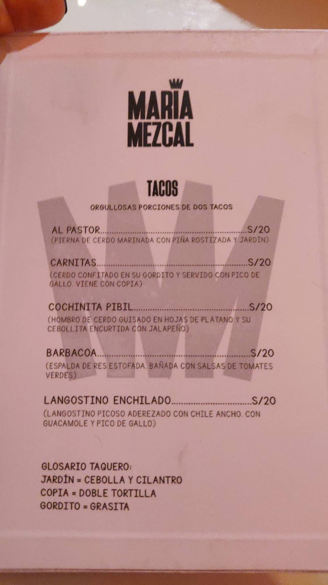 Carta del pub y bar Maria Mezcal, Miraflores