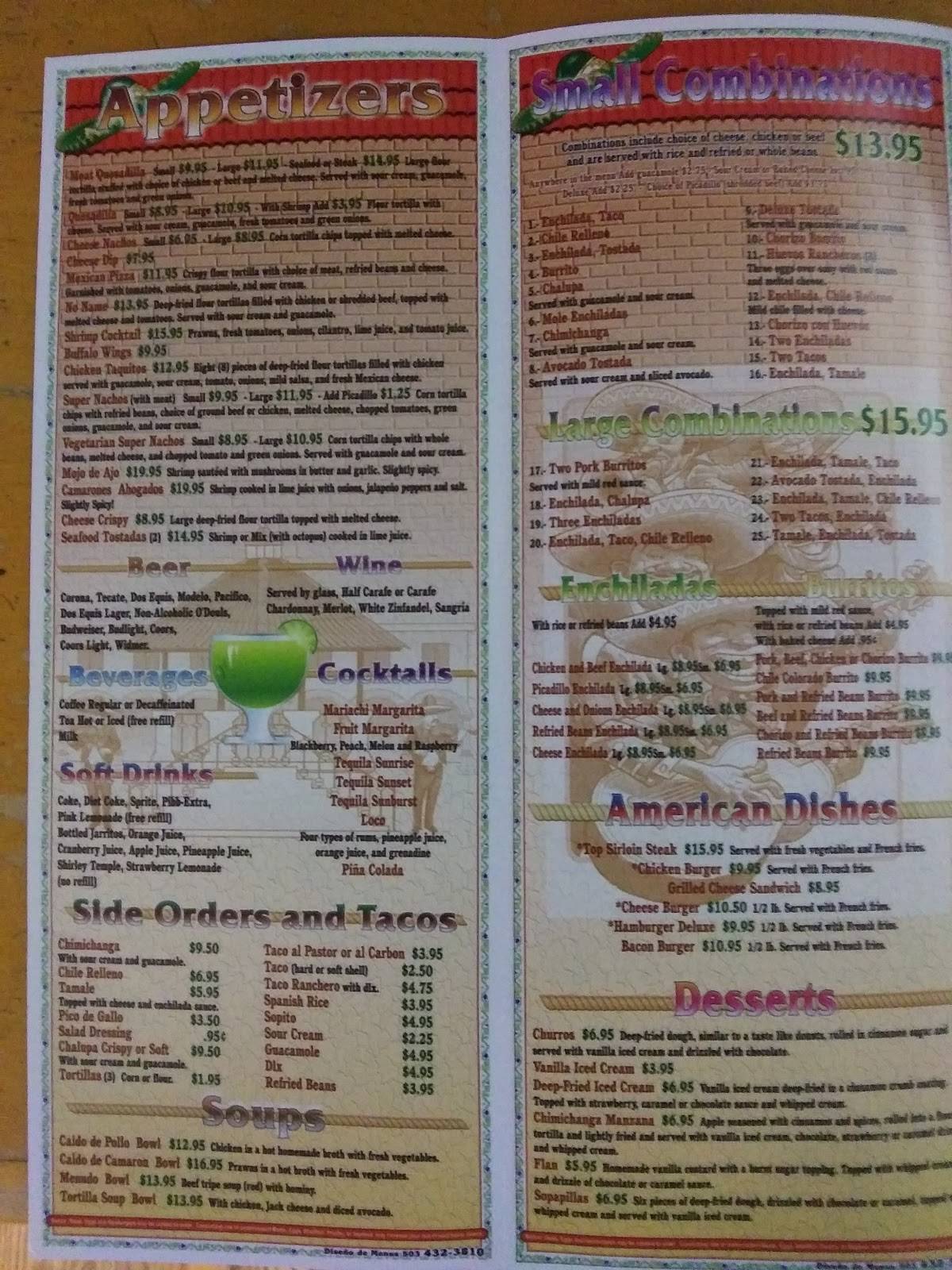 Menu at Mariachi Alegre restaurant, Yelm, 106th Ave SE