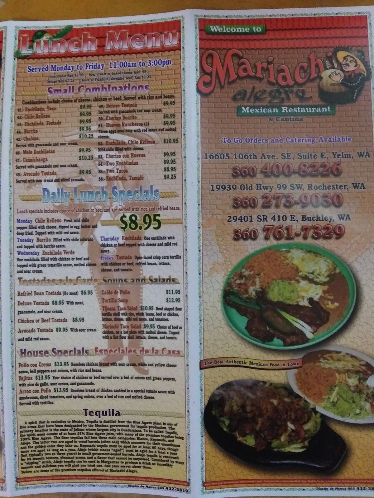 Menu at Mariachi Alegre restaurant, Yelm, 106th Ave SE