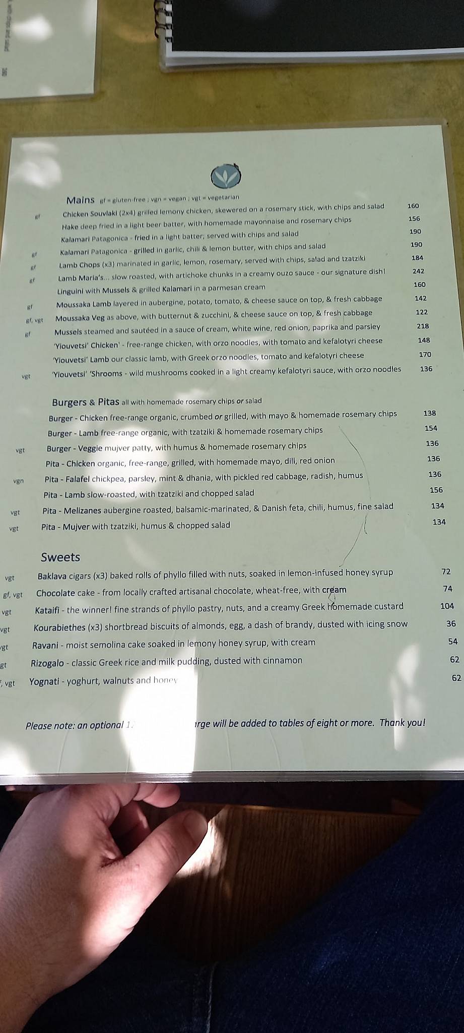Menu at Maria's Greek Café restaurant, Cape Town