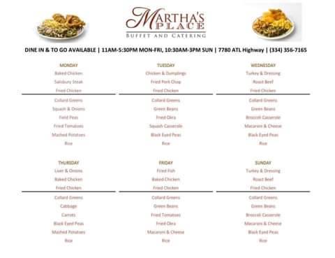 Menu at Martha's Place Buffet and Catering restaurant, Montgomery ...