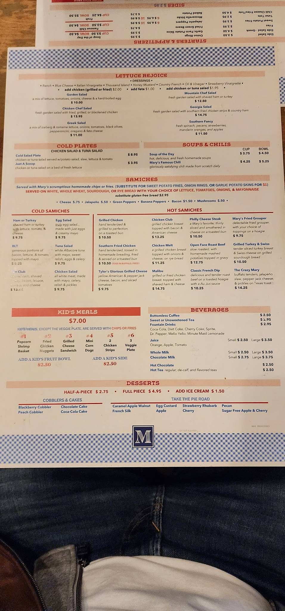 Menu at Mary's Southern Grill restaurant, Young Harris