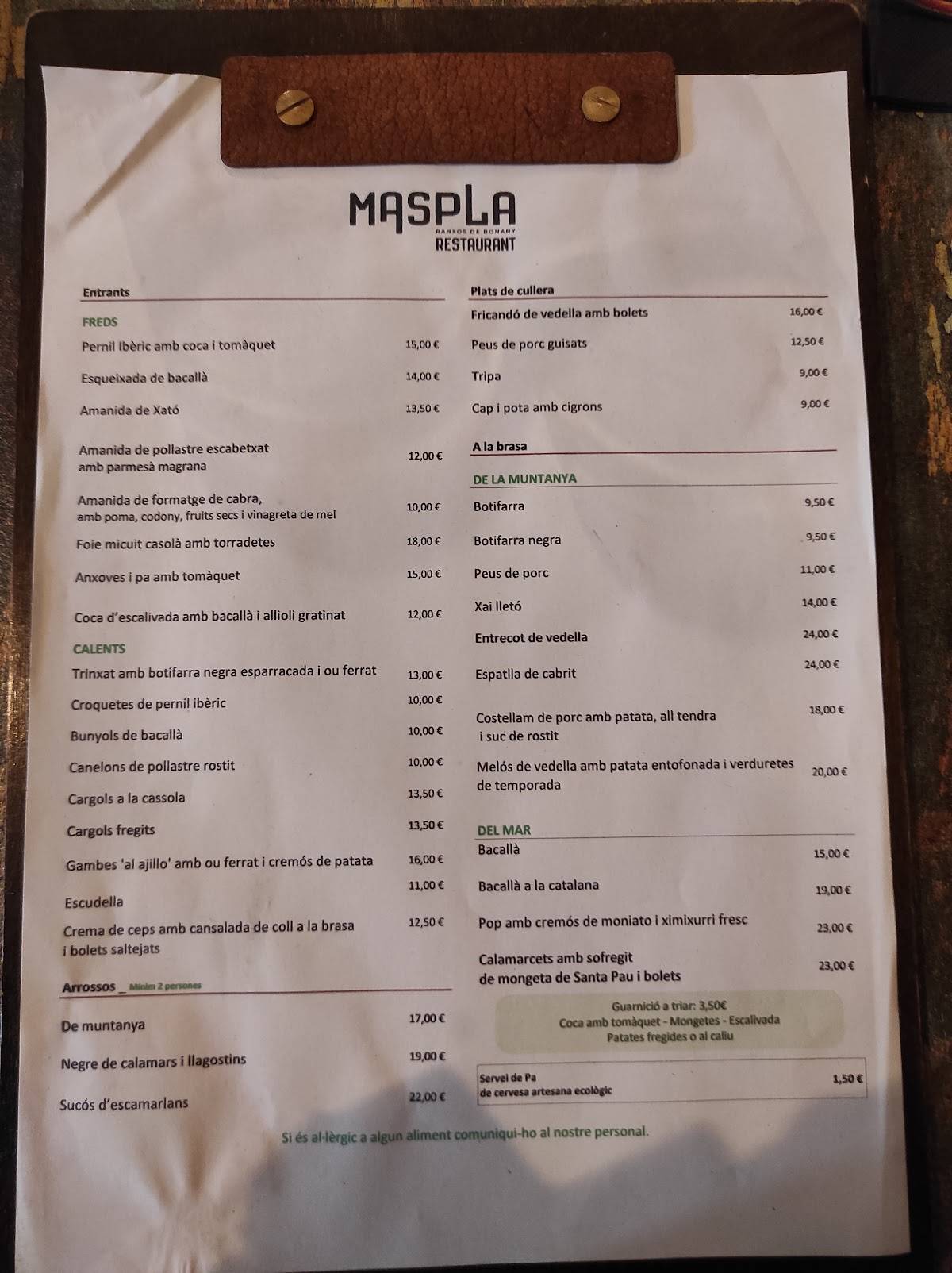 Menu at Mas Pla Restaurant, Spain