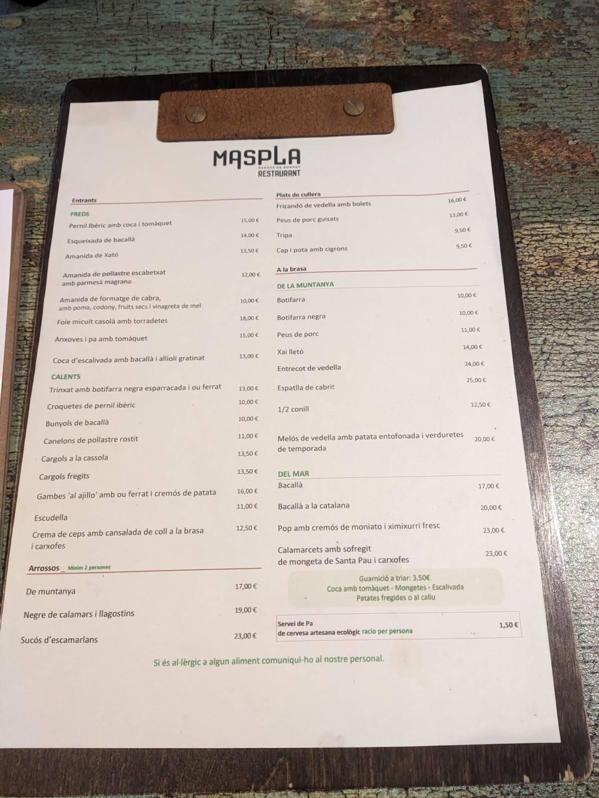 Menu at Mas Pla Restaurant, Spain