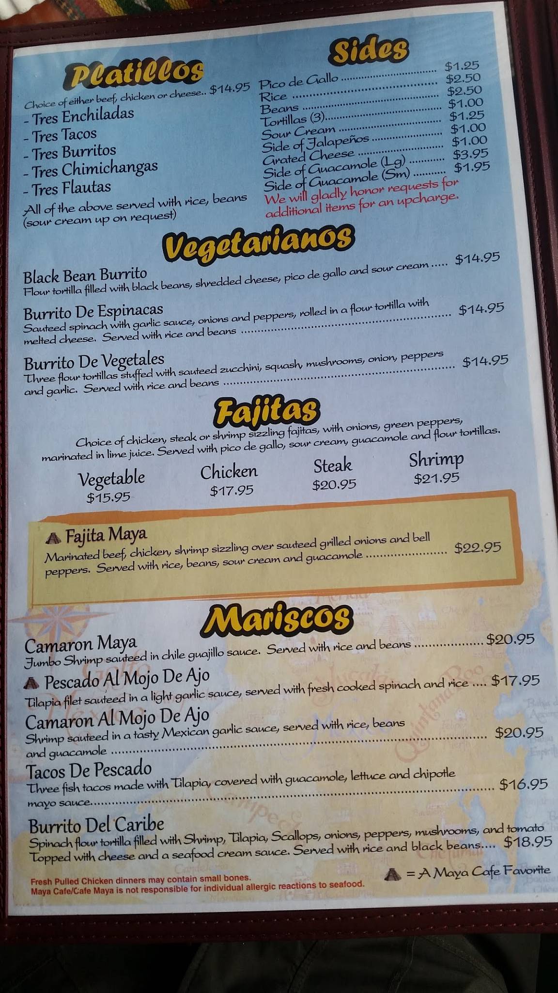 Menu at Maya Cafe, Fishkill