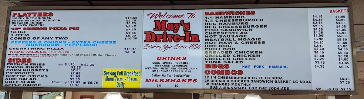 Menu at May's Drive-In Lewisburg restaurant, Milton