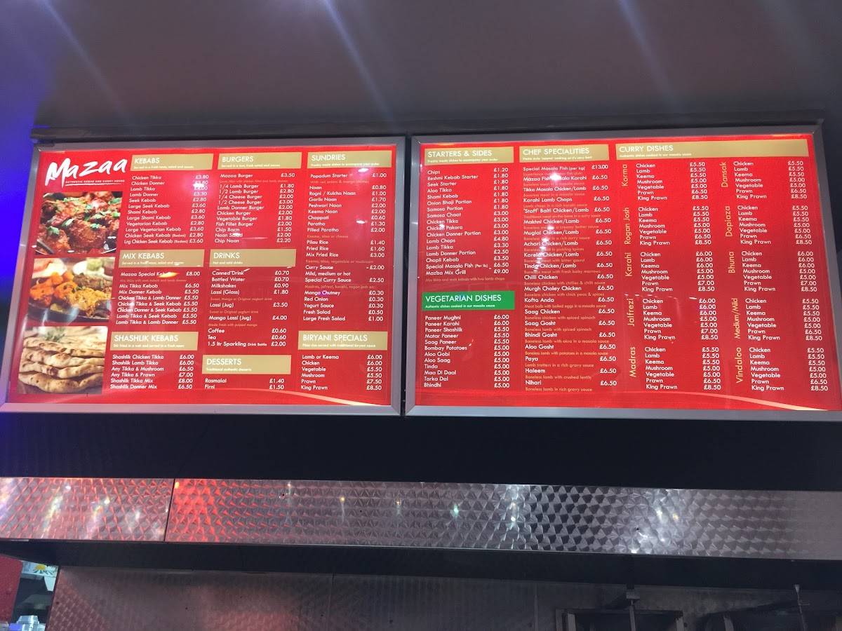 Menu at Mazaa restaurant, Manchester, 604 Stockport Rd