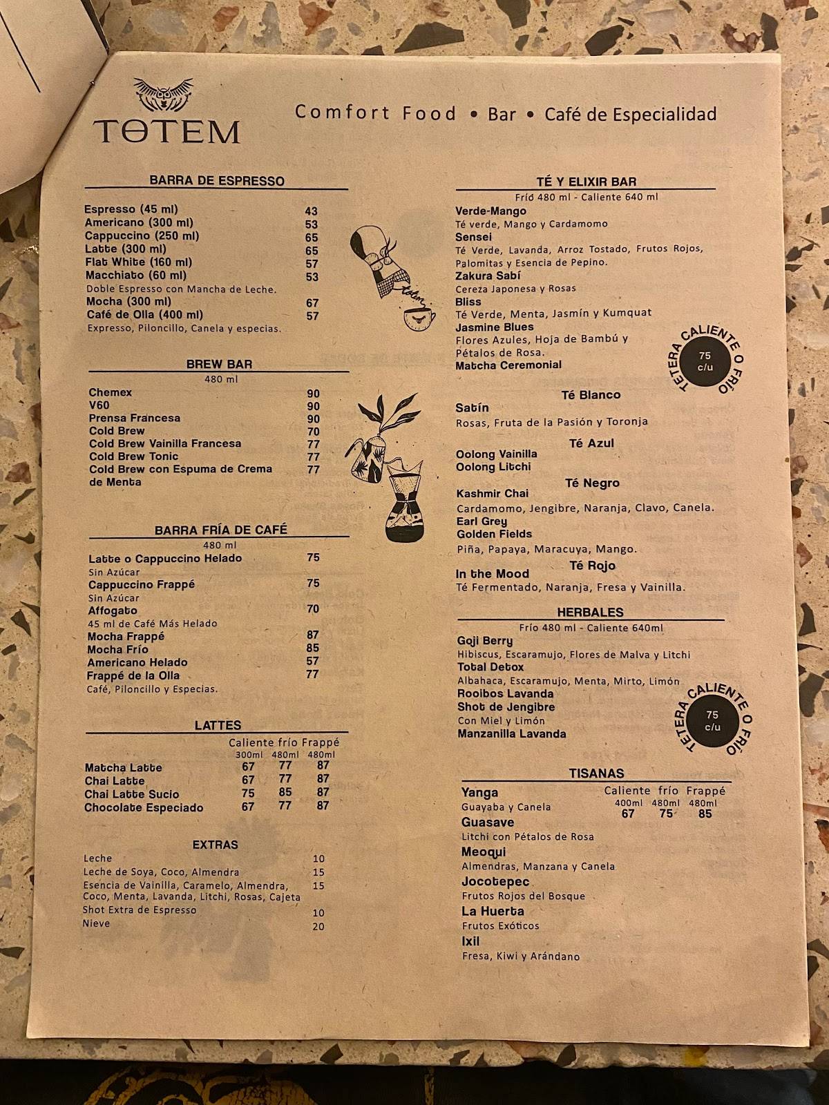Carta de cafetería Tótem, Mazatlán