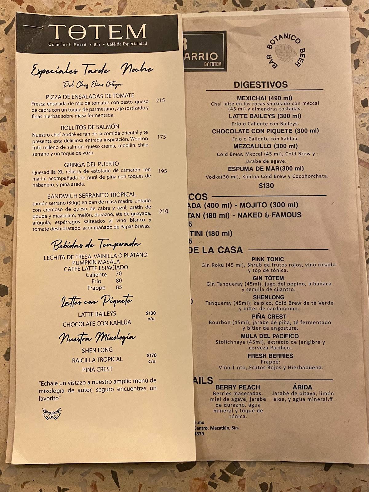 Carta de cafetería Tótem, Mazatlán