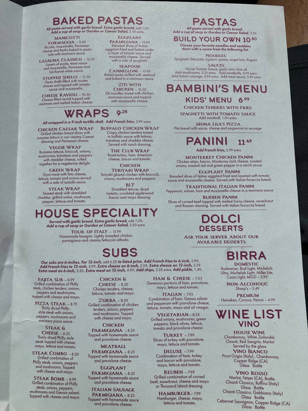 Menu at Little Italy Pizzeria, McCormick