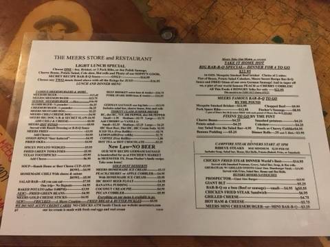 Menu at Meers Store and Restaurant, Meers