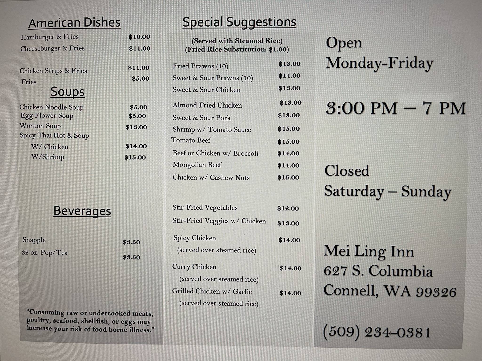Menu at Mei Ling Inn Chinese Thai & American Restaurant, Connell