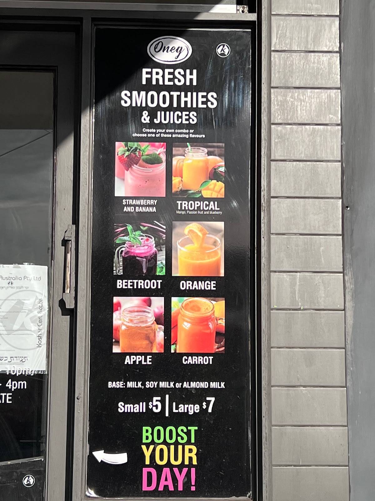 Menu at Oneg restaurant, Caulfield North