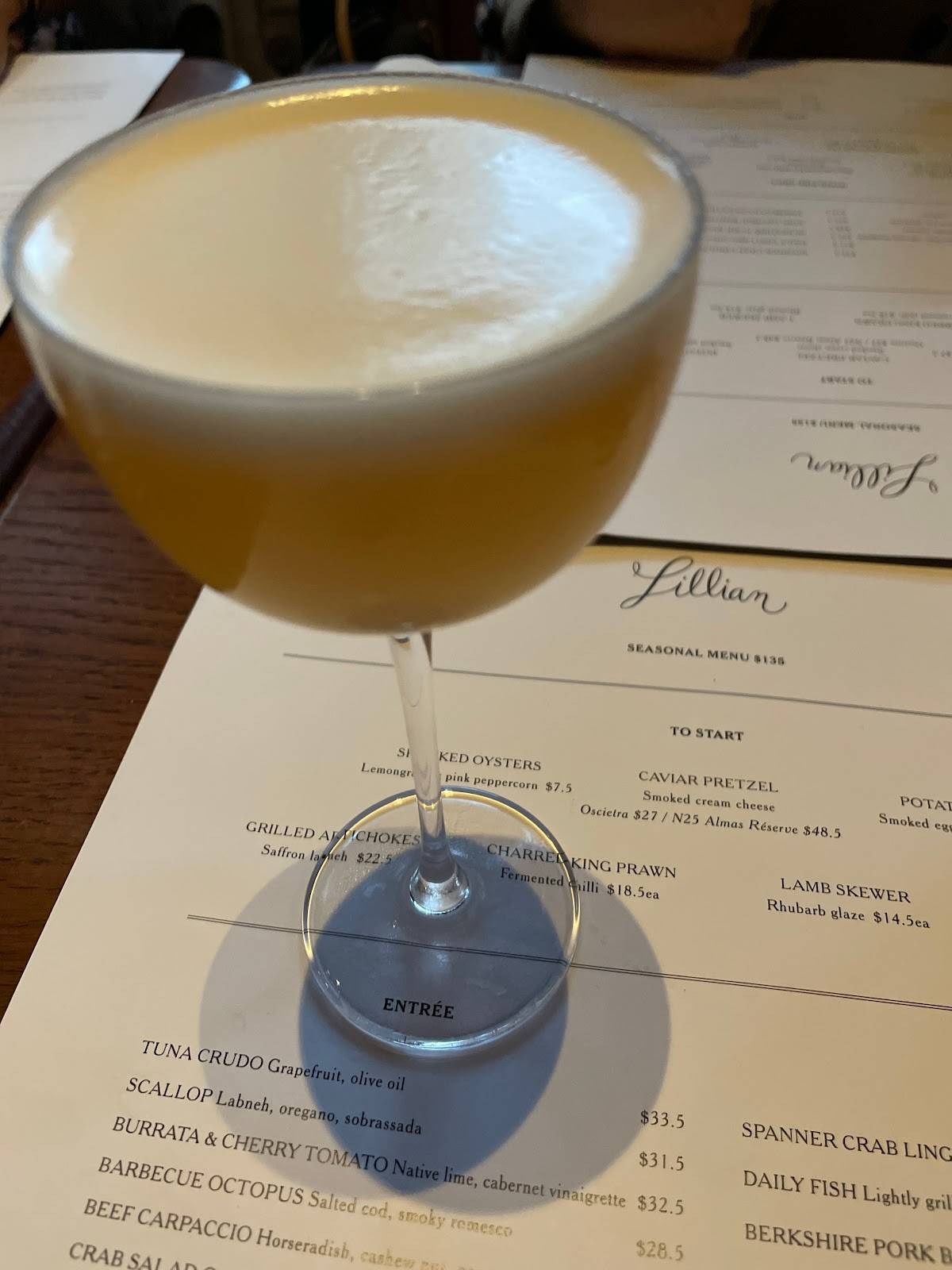 Menu at Society restaurant, Melbourne, 80 Collins St