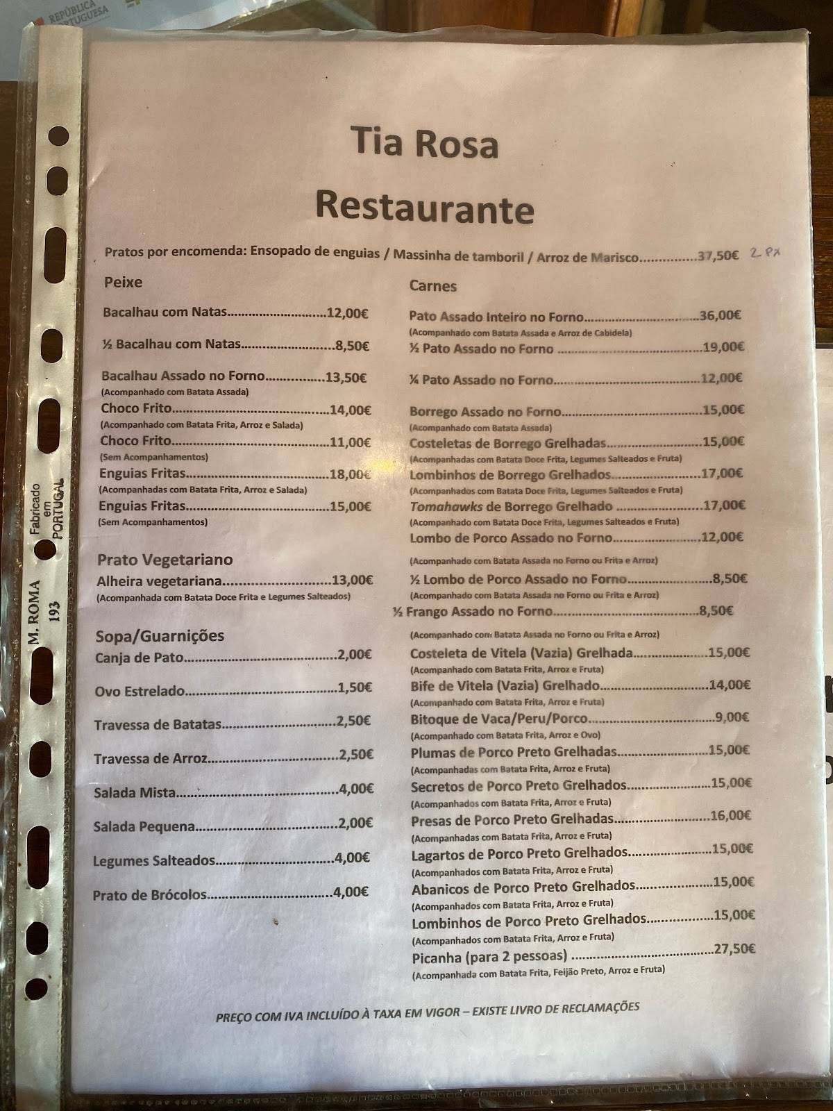 Menu at Tia Rosa restaurant, Melides, Fontainhas do mar