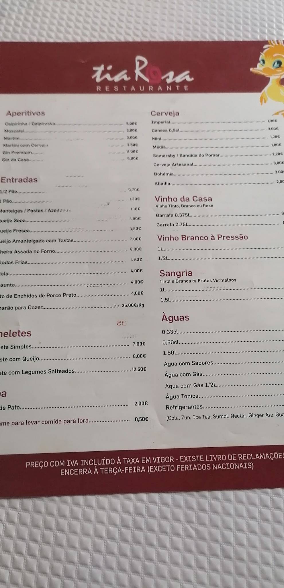 Menu at Tia Rosa restaurant, Melides, Fontainhas do mar