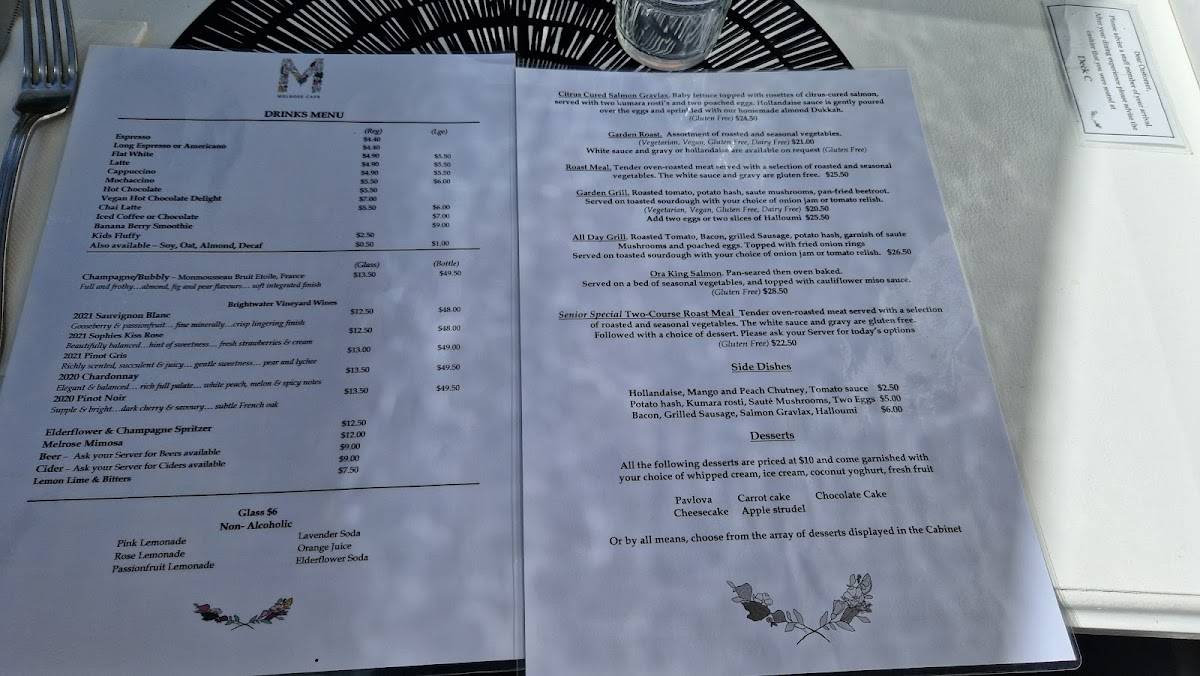 Menu at Melrose House Cafe, Nelson, 26 Brougham St