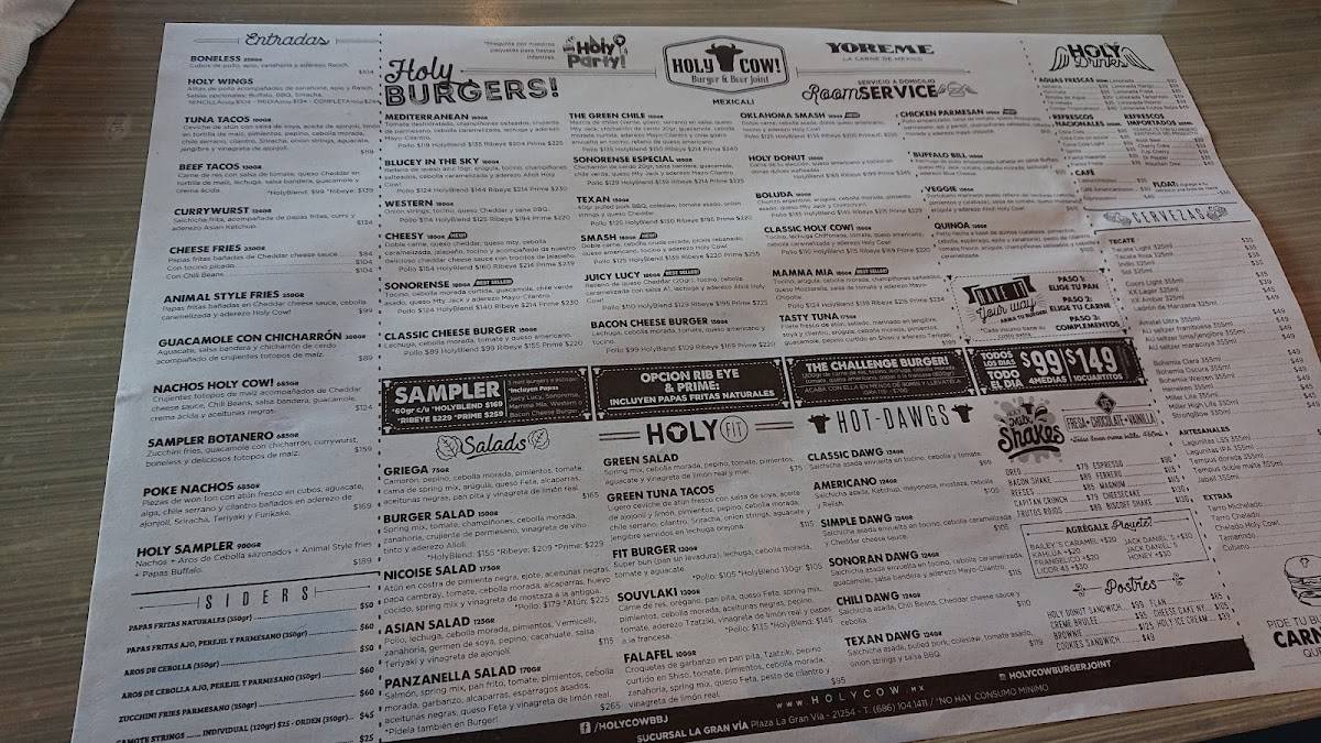 Carta del restaurante Holy Cow! Burger & Beer Joint - La Gran Vía, Mexicali