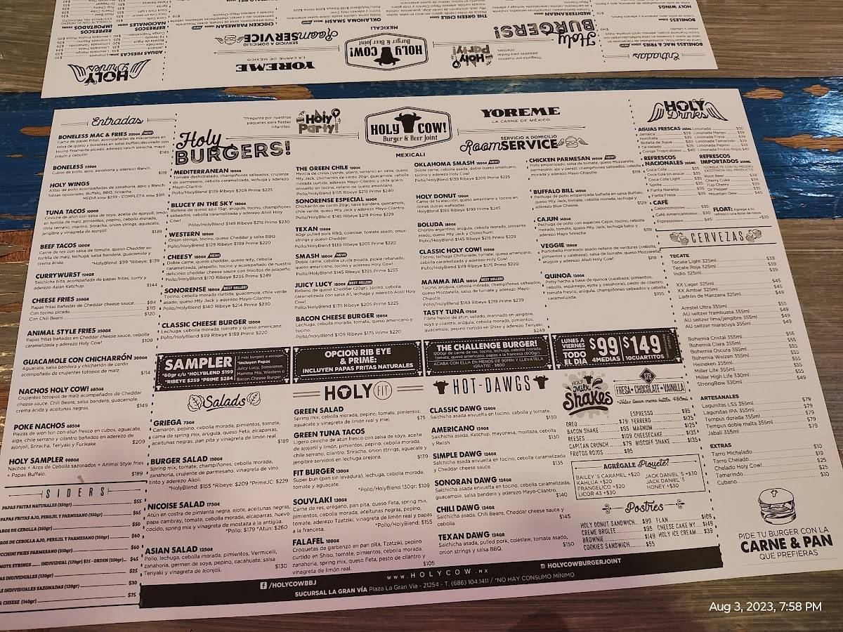Carta del restaurante Holy Cow! Burger & Beer Joint - La Gran Vía, Mexicali