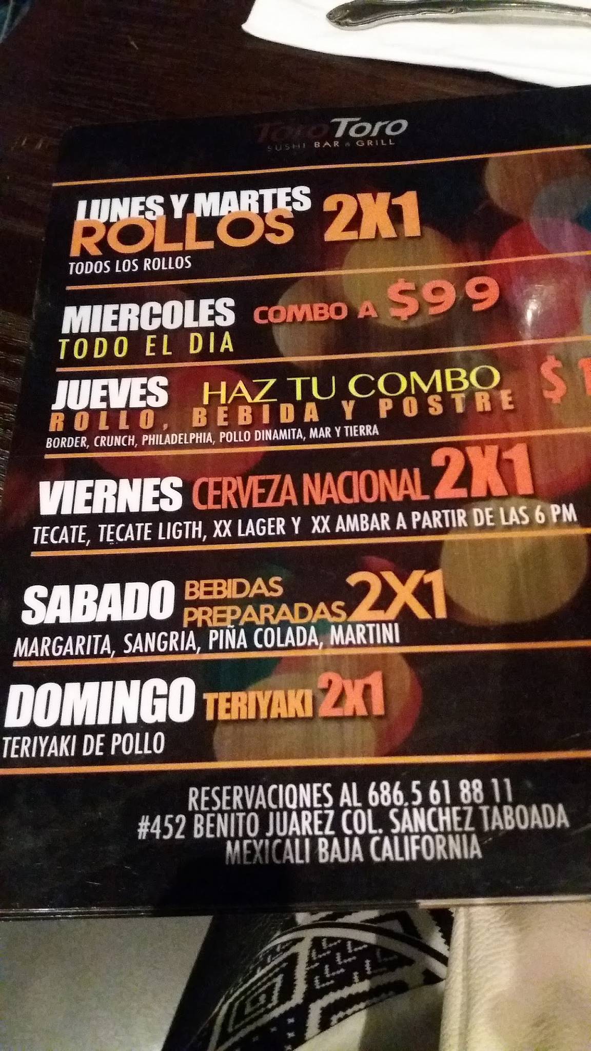 Menu at Toro Toro restaurant, Mexicali