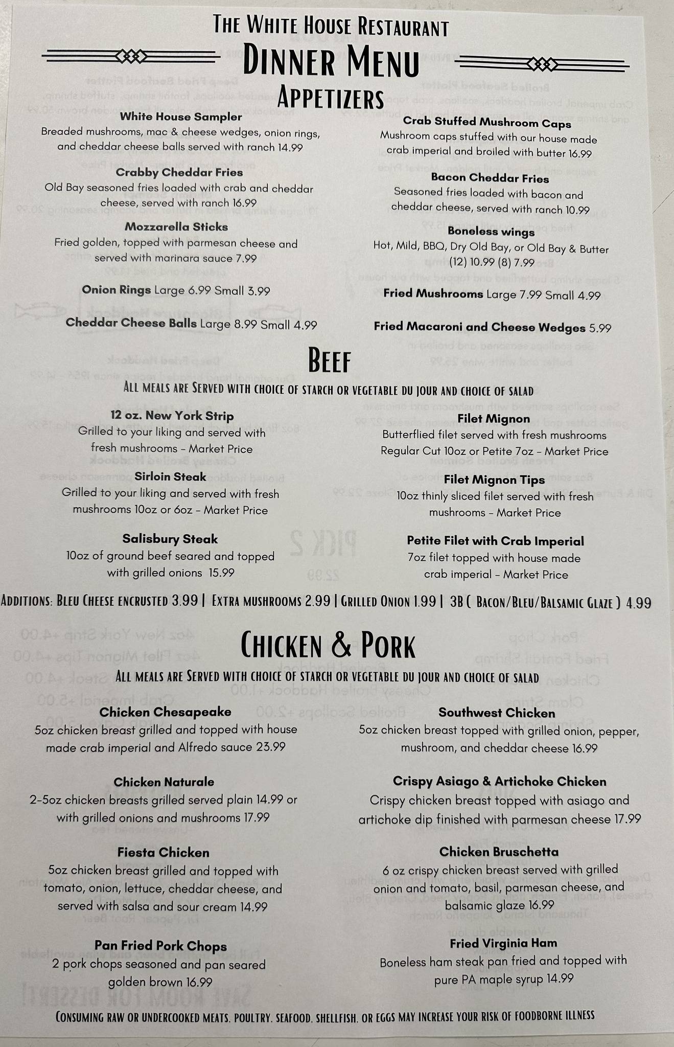 Menu at White House Restaurant, Meyersdale
