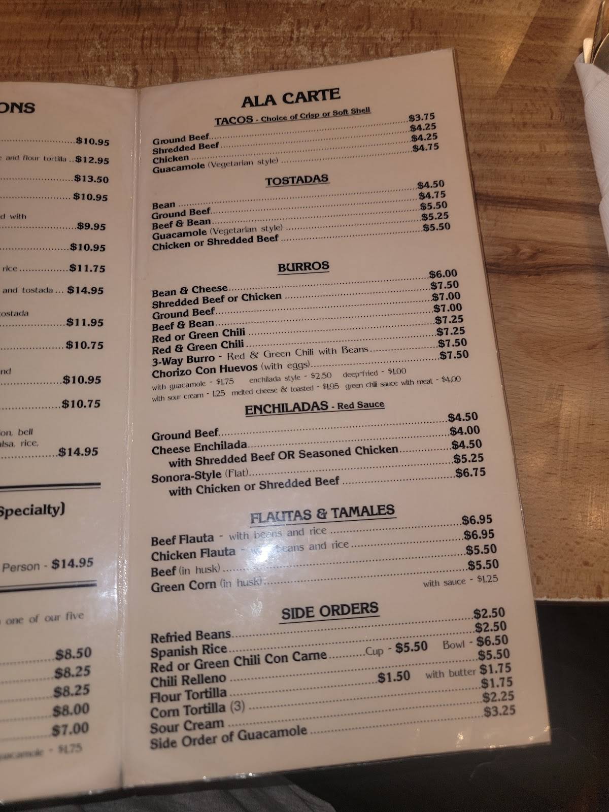 Menu at Mi Amigo Ricardo restaurant, Casa Grande