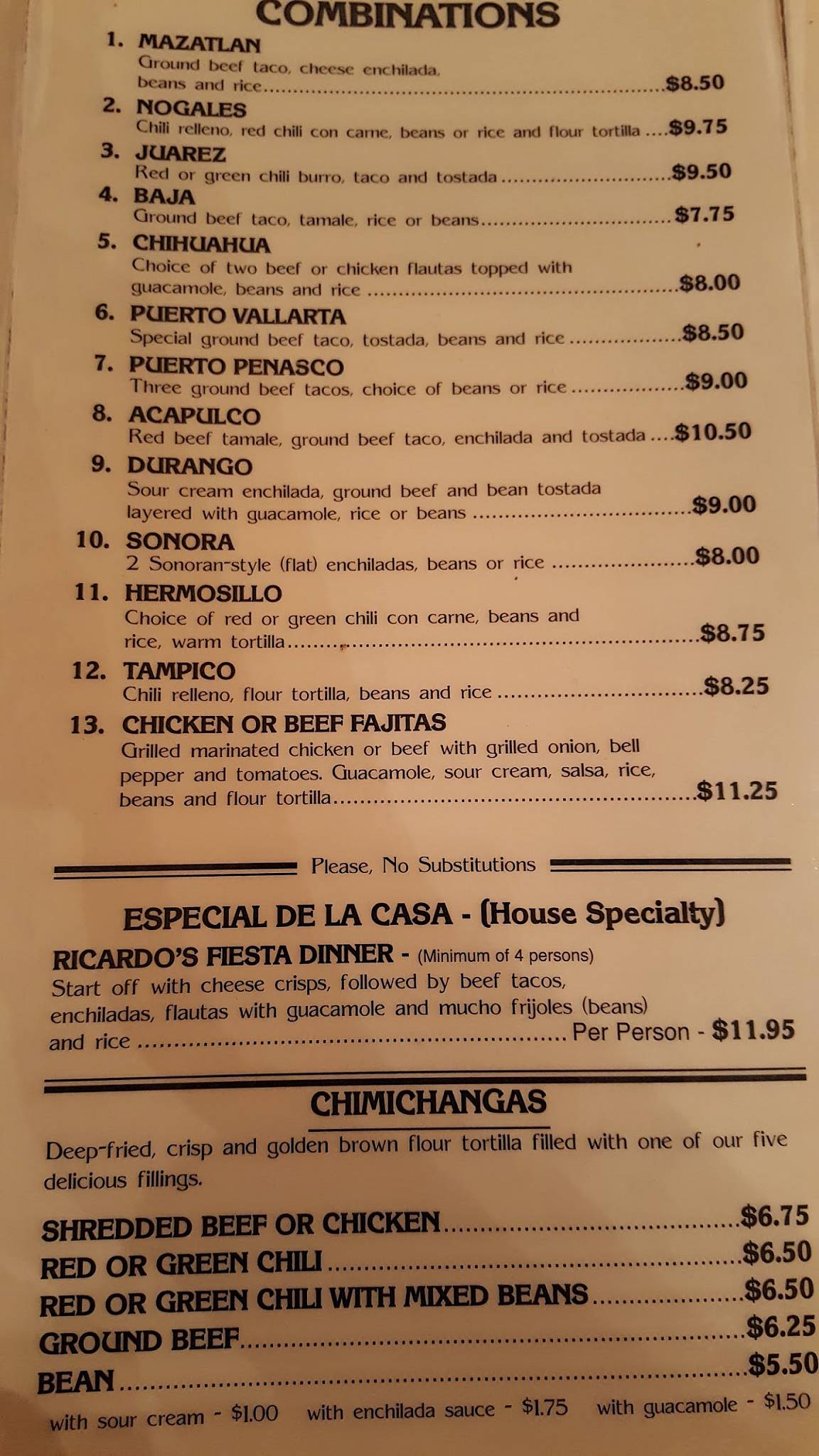 Menu at Mi Amigo Ricardo restaurant, Casa Grande