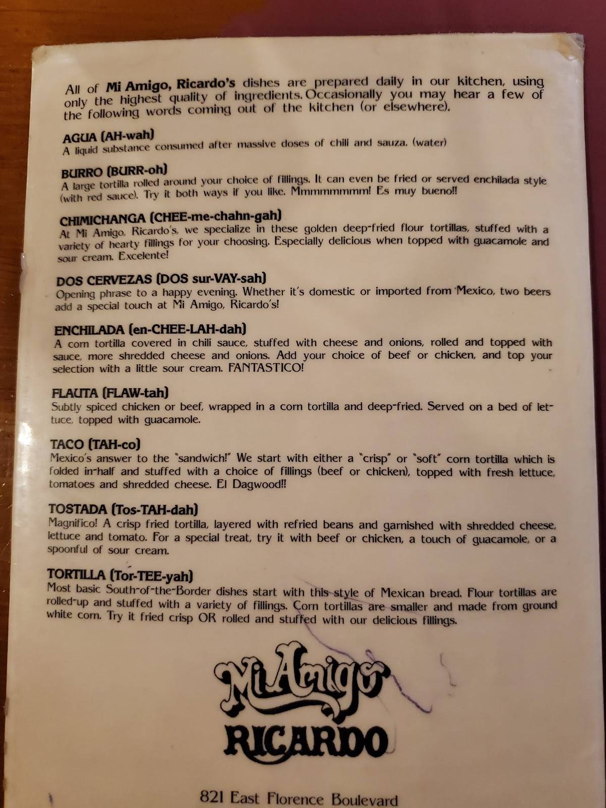 Menu at Mi Amigo Ricardo restaurant, Casa Grande