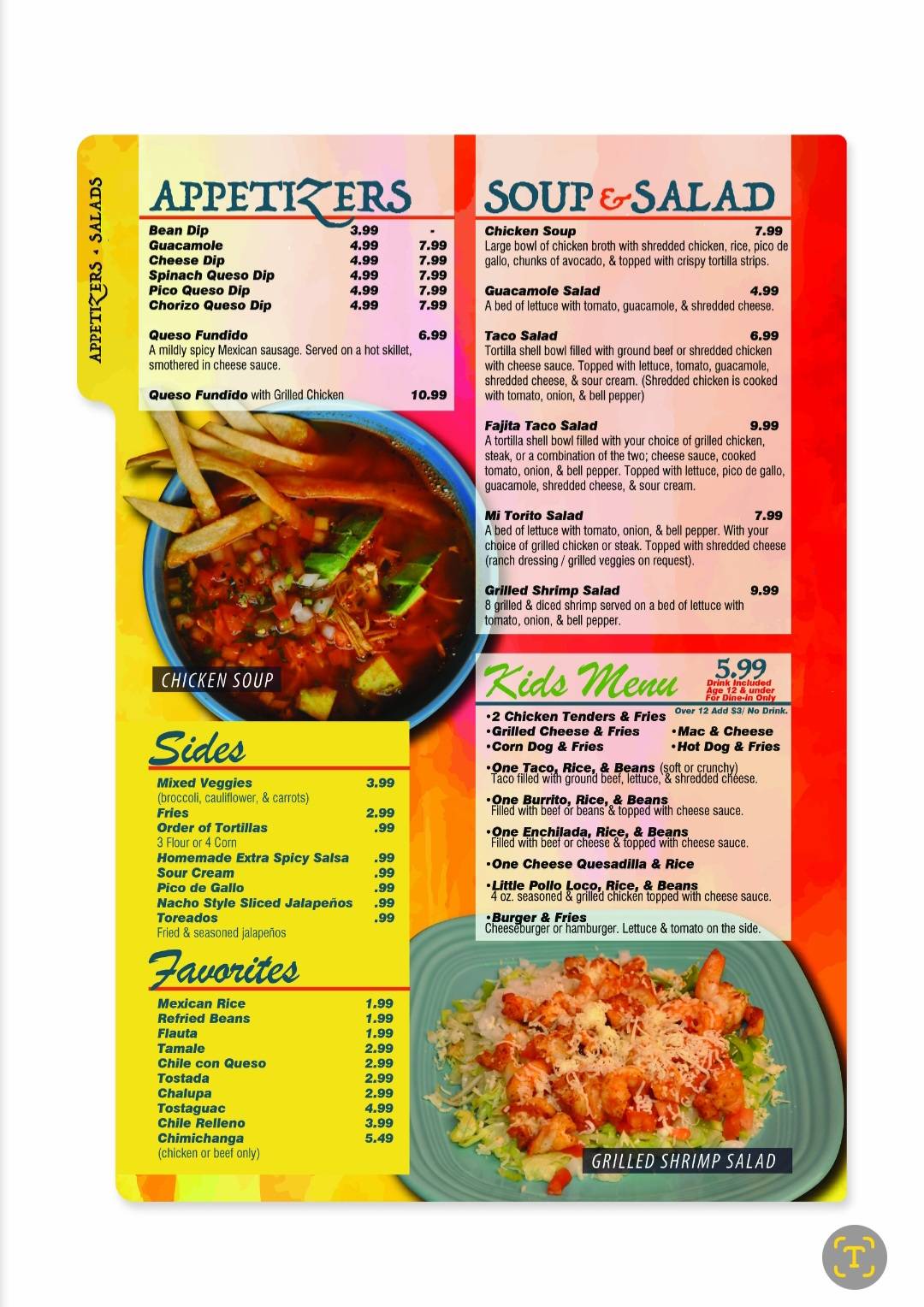 Menu at Mi Torito Mexican Restaurant Galena, Galena